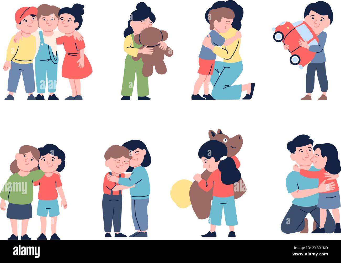 Children hugs. Kids hugging mother father toys and friends. Little ...