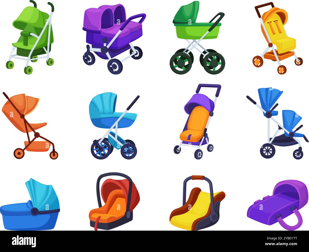 Cartoon strollers. Baby carriages and mobile armchair. Toddlers safety ...
