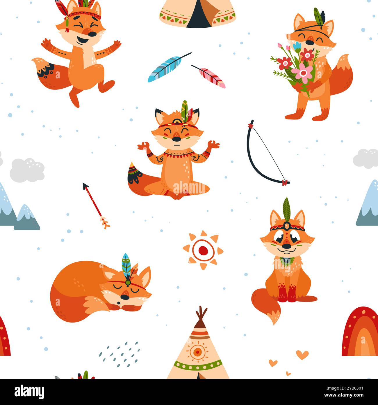 Fox seamless pattern. Cute red foxes cartoon style. Happy forest wild ...