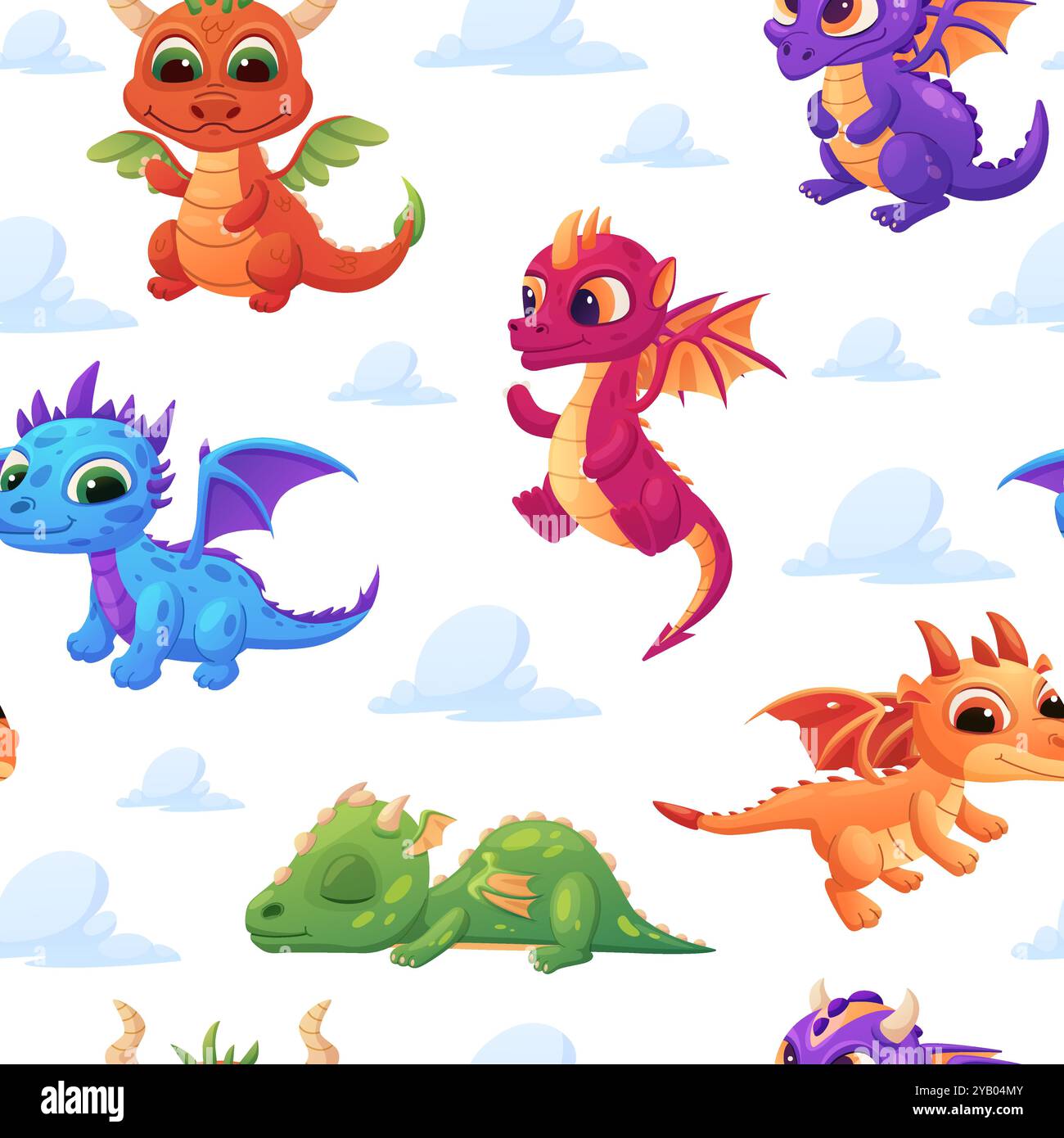 Baby dragon seamless pattern. Funny little dragons in clouds, cute ...