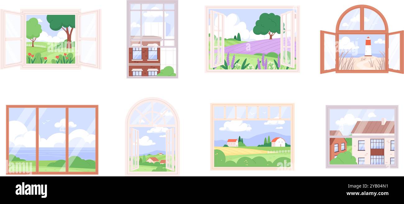 Windows views. Open window with various view, on valley mountain ...