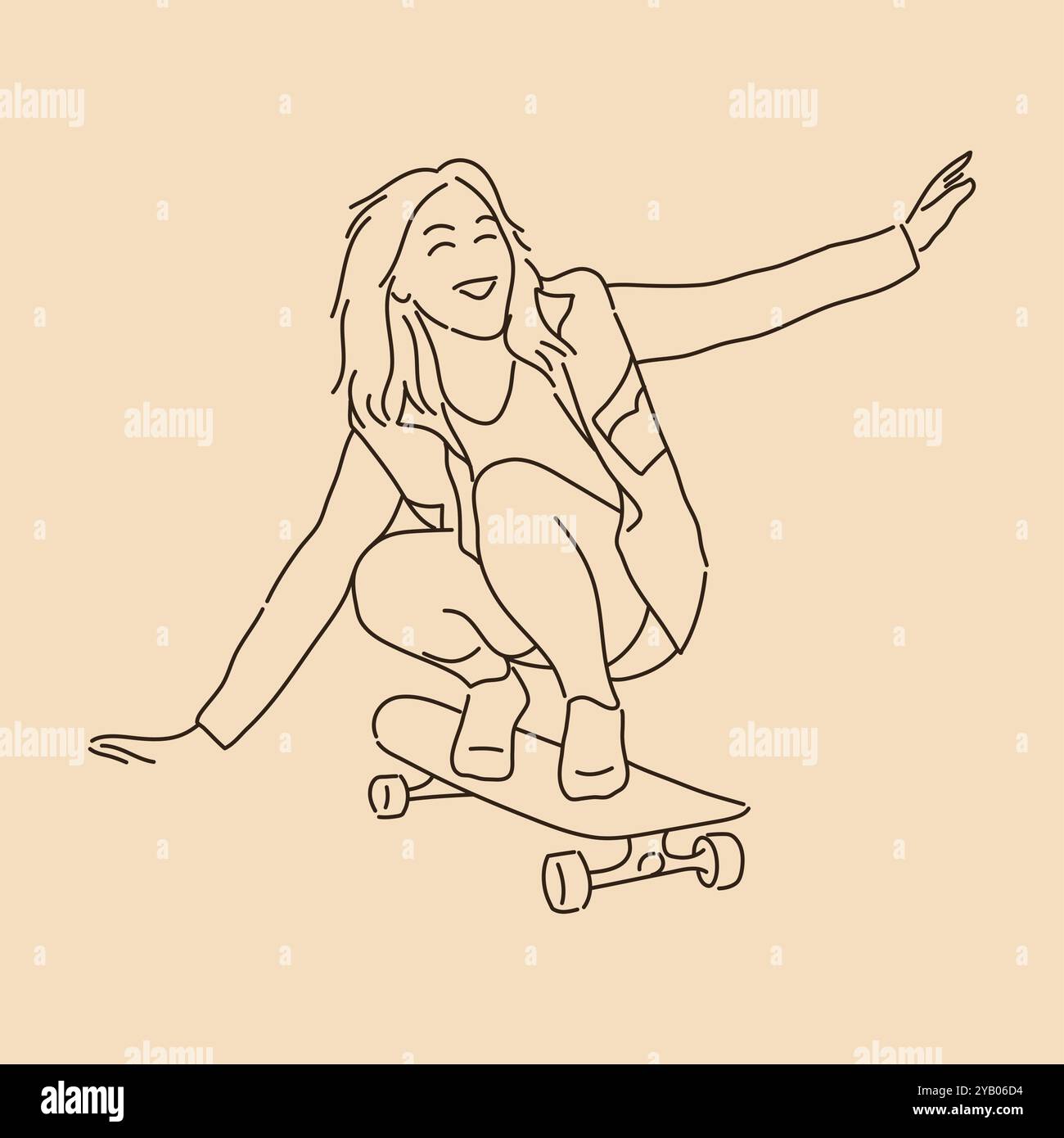 Skateboard girl. Line art drawing. Sketch outline vector illustration ...