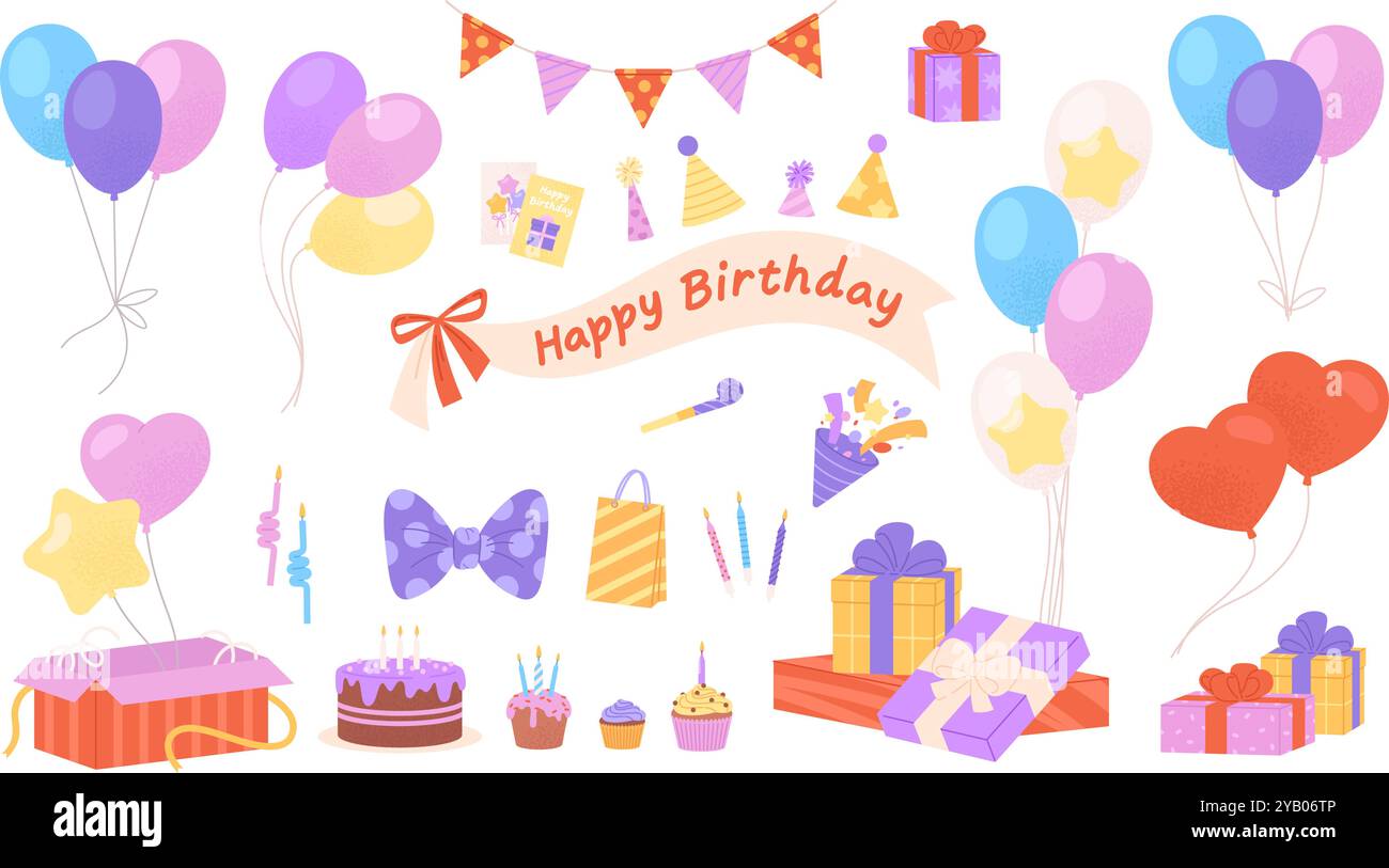 Happy birthday party pack. Banners balloons gift boxes cakes and ...