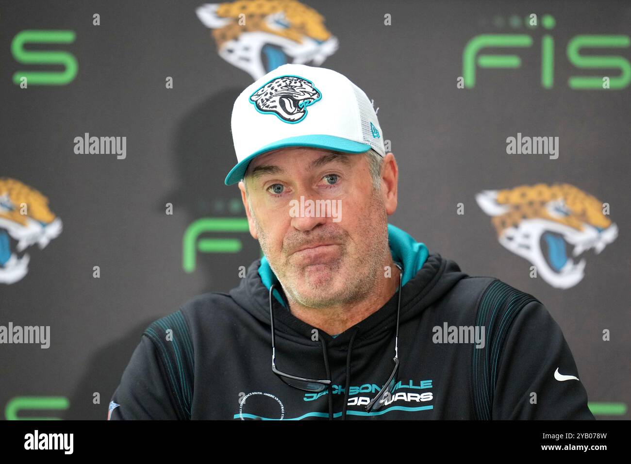 Jacksonville Jaguars head coach Doug Pederson speaks before an NFL football practice session at ...