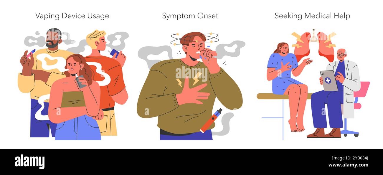 EVALI concept. Three-part illustration depicting vaping device usage ...