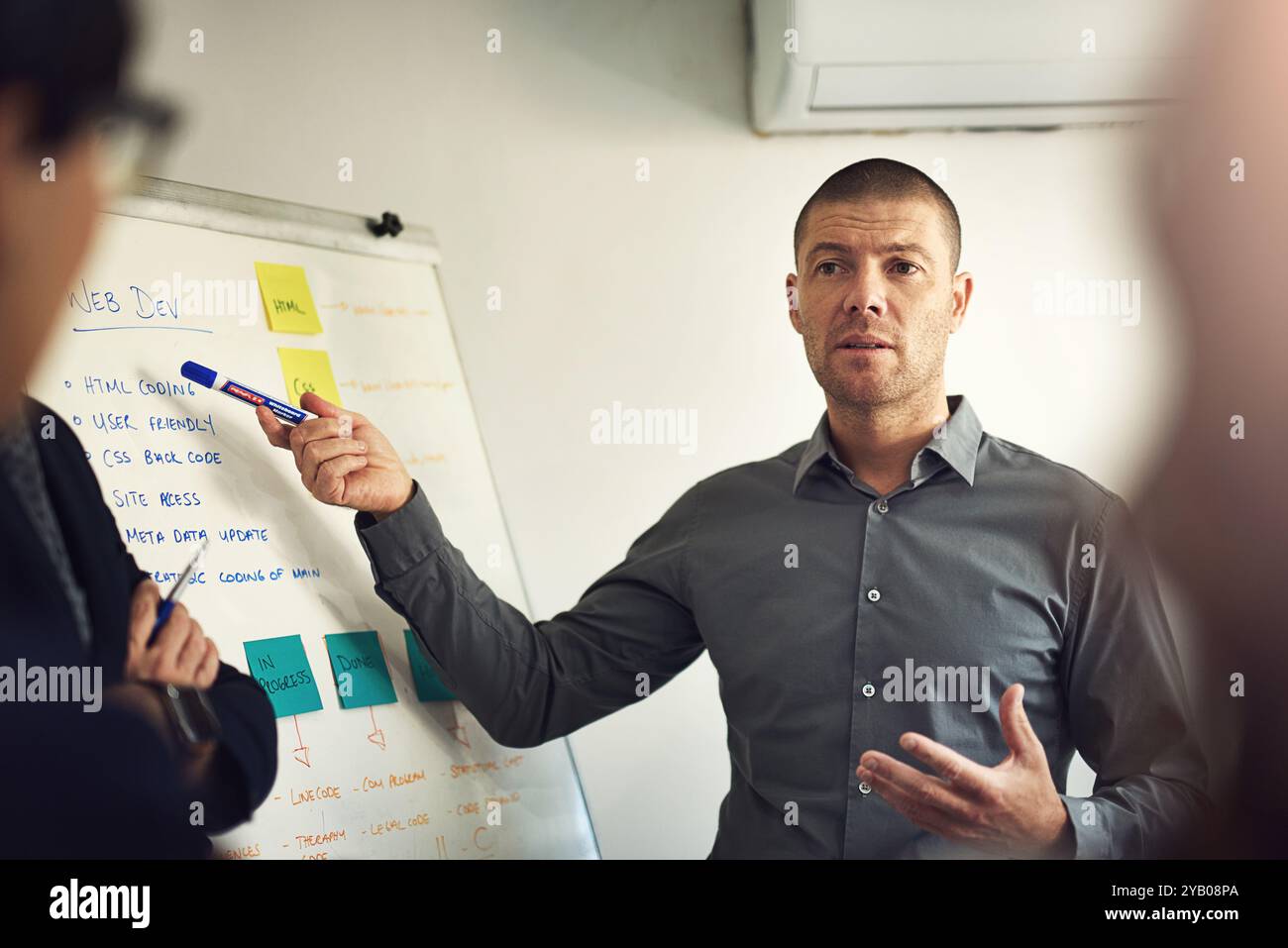 Business, team and workshop with whiteboard in boardroom for workflow ...