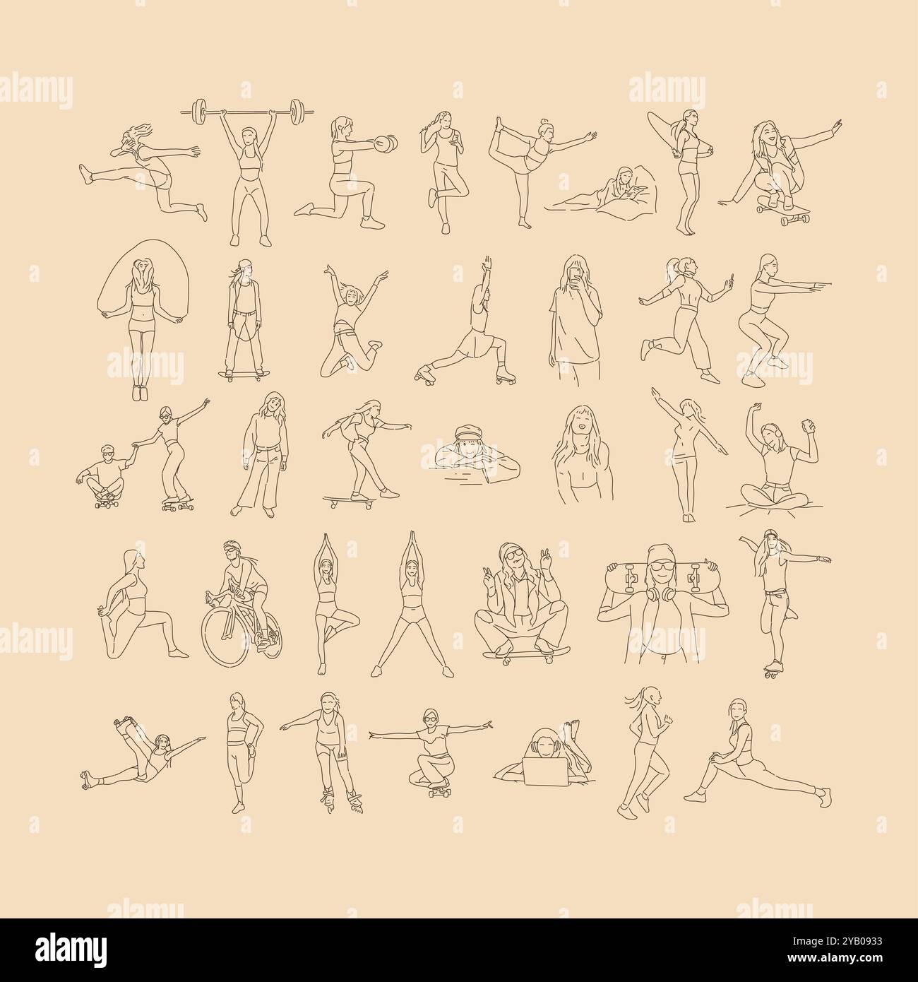 Daily Woman Routine. Line art drawing. Sketch outline vector ...