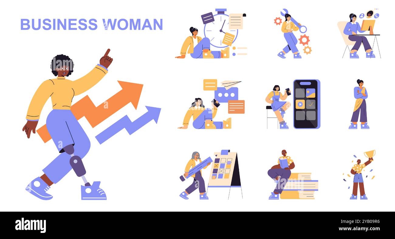 Business Woman set. Dynamic female professional multitasking, working ...
