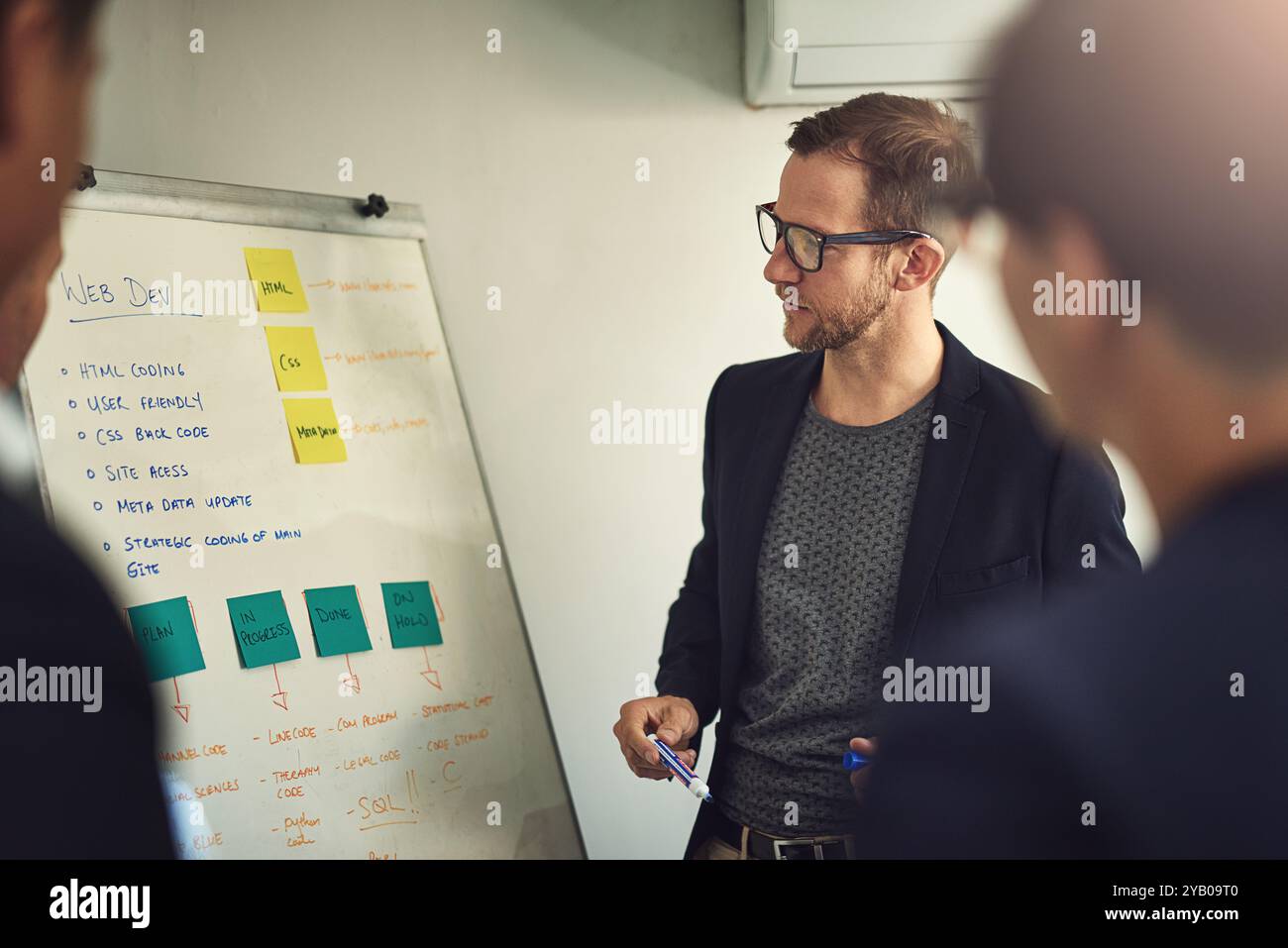 Business, man and seminar with whiteboard in office for workflow steps ...