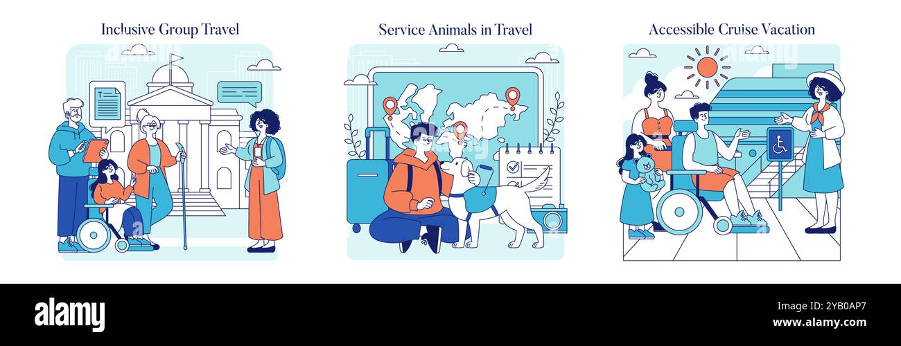 Disabled Travel set. Illustration of inclusive tourism, service animals, and accessible cruise ...