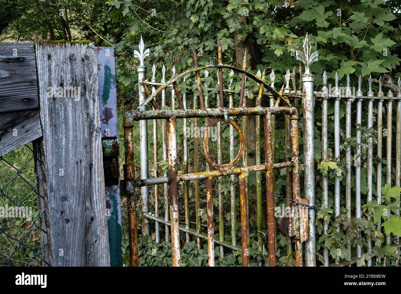 Old garden fence with a rusty garden gate Stock Photo - Alamy