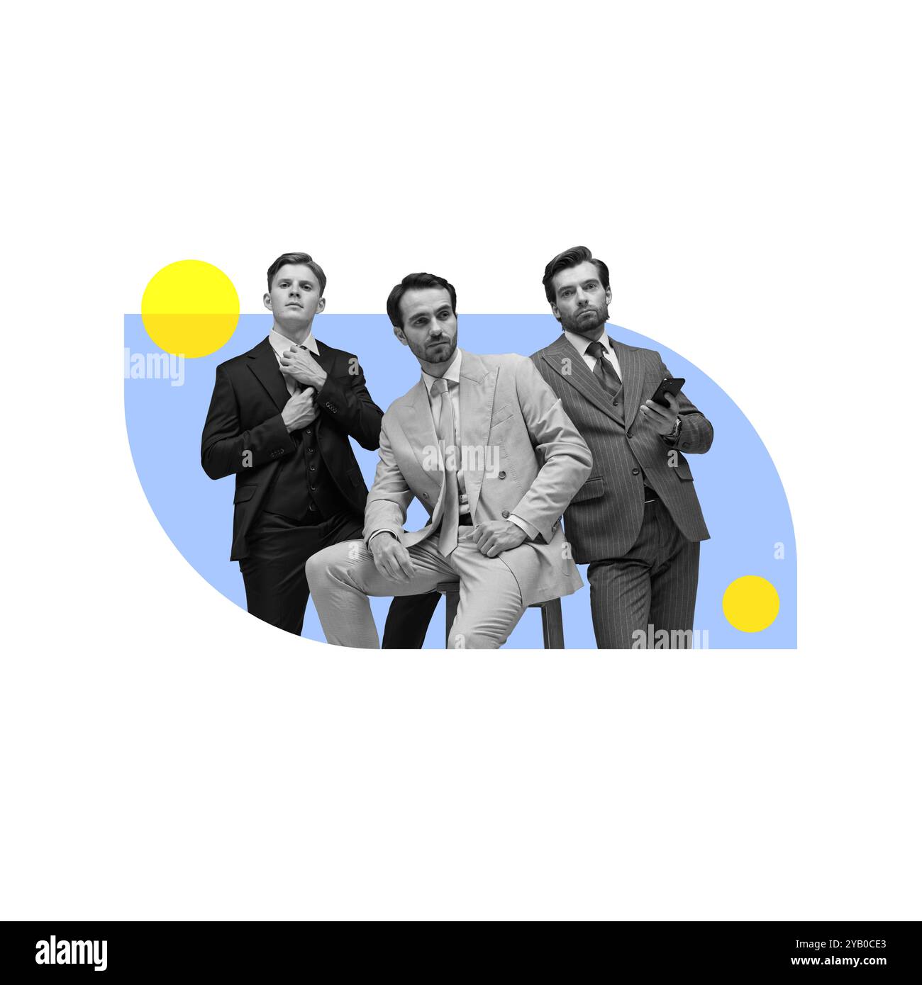 contemporary art collage. Group of businessmen seated casually with ...
