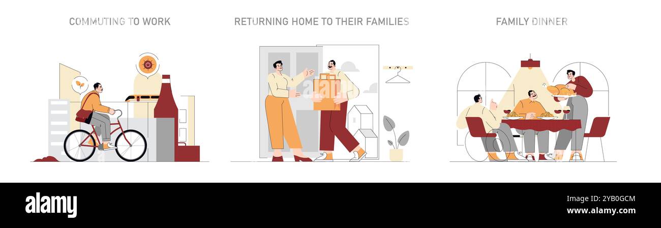 Daily Life Set. From morning bike commute to family welcome and dinner ...