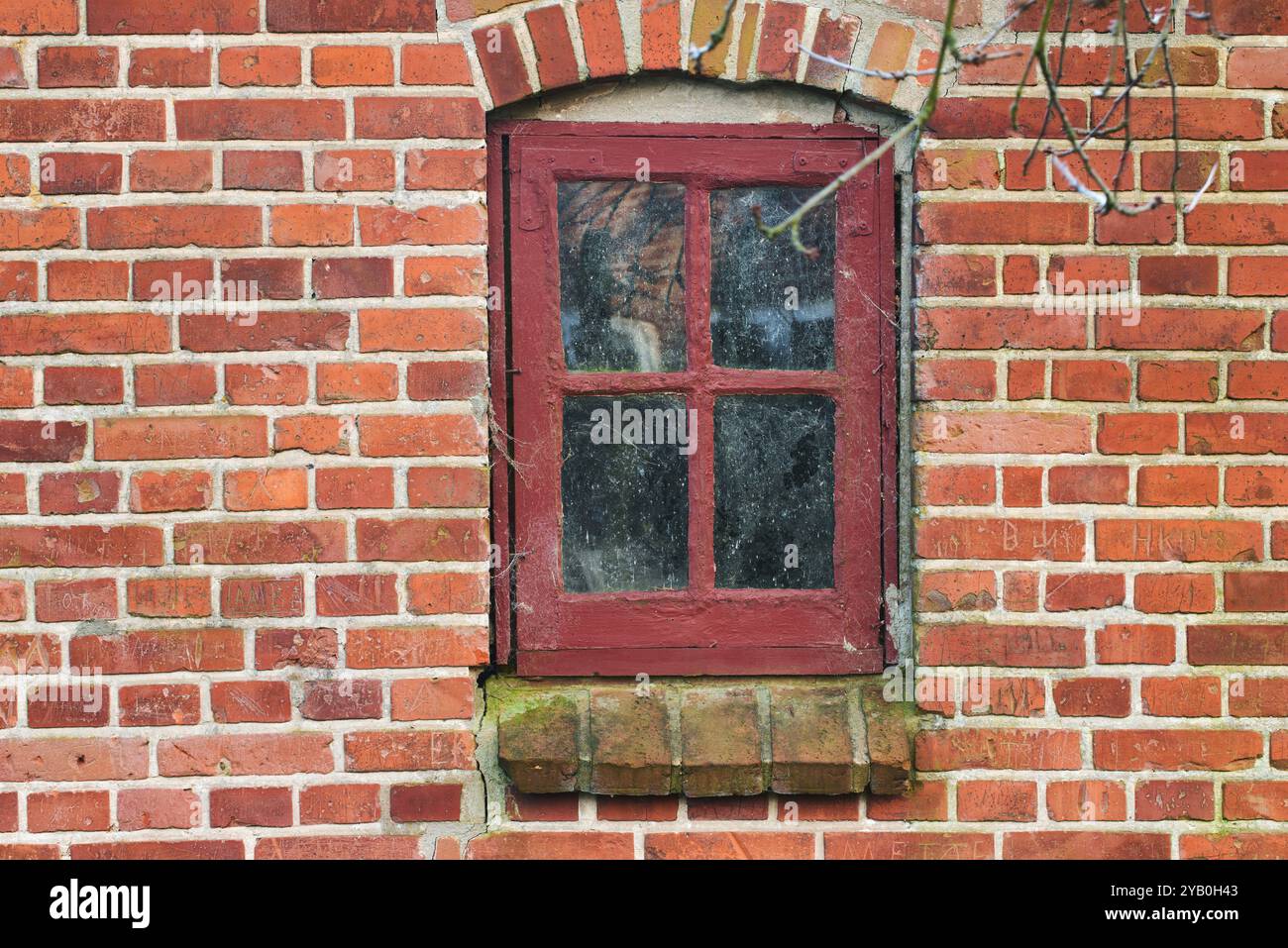 Old building, glass and window with brick wall in city, ghost town and ...