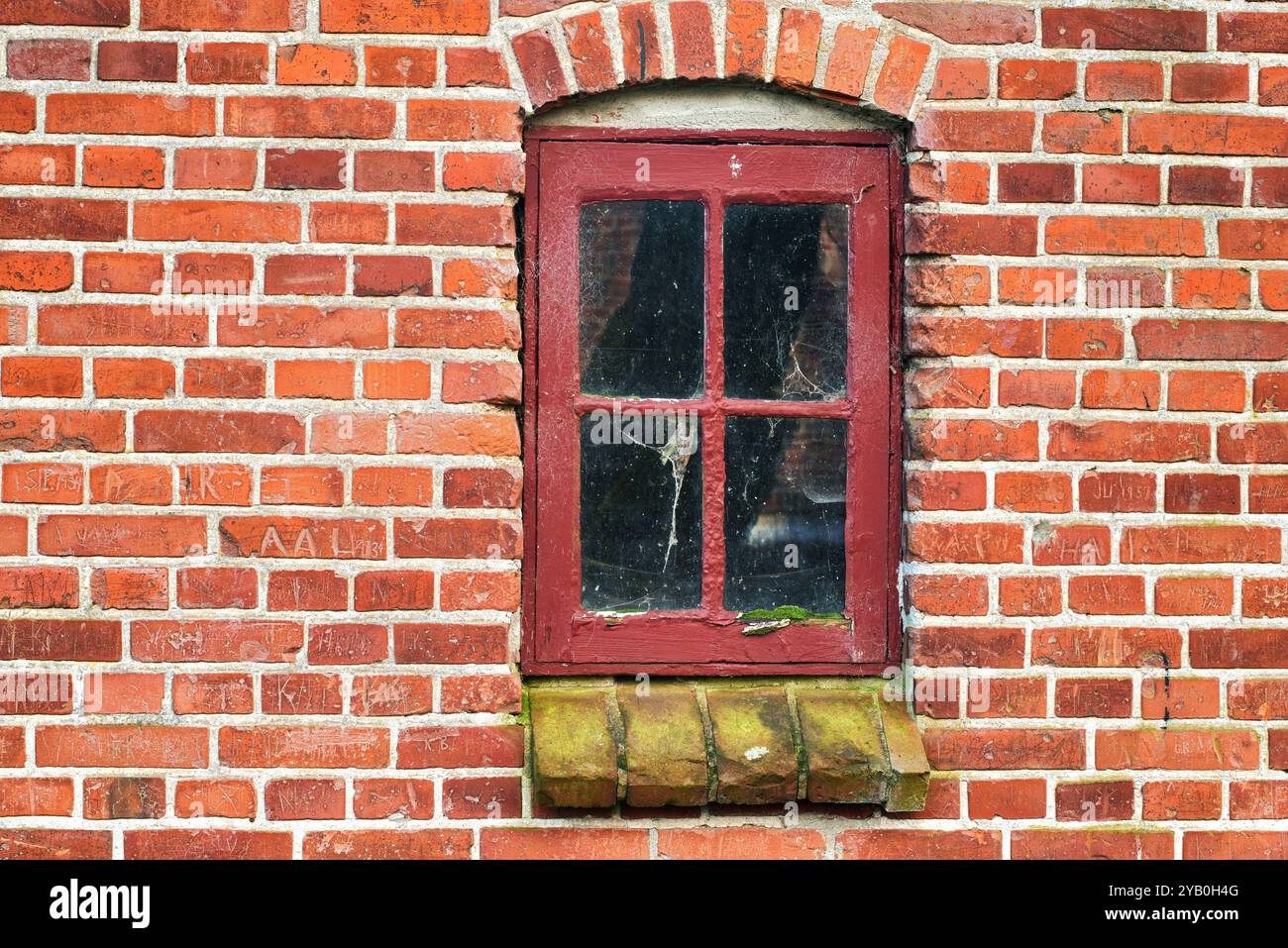 Old building, broken glass and window with brick wall in city, ghost ...
