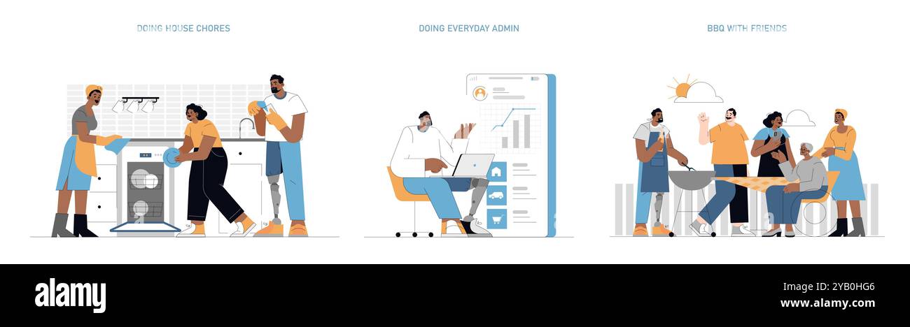 Daily activities set. Illustration of a delivery person managing ...