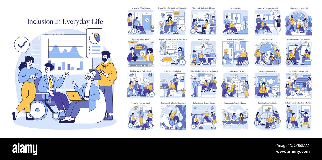 Inclusion in Everyday Life set. Diverse scenarios depicting societal ...