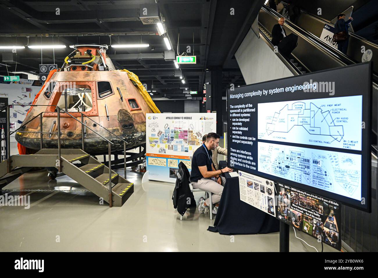 People work next to a model of the Apollo 11 Command Module Columbia on ...