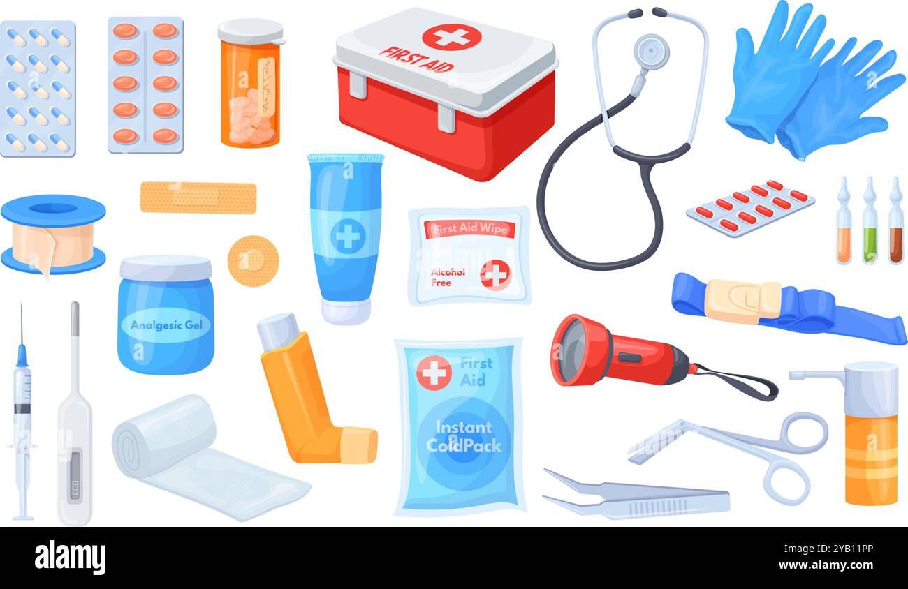 Cartoon first aid kit. Medical equipment emergency tools, pharmacy ...