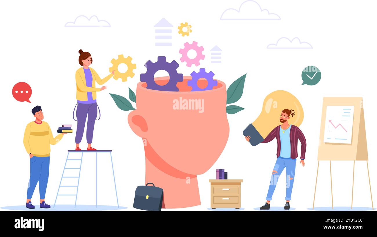 Put knowledge in head. People putting cog gear wheels with idea in ...