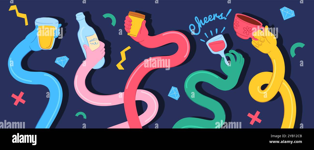 Flexible hands cheers. Cartoon long stretched hand hold drink coffee ...