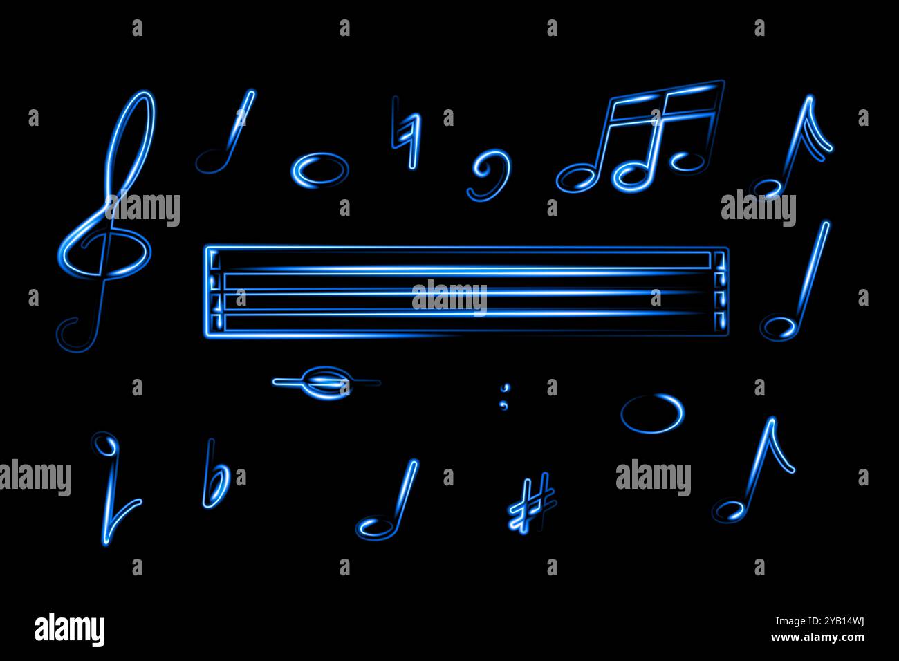 A collection of glowing blue musical notes and symbols surrounds a ...