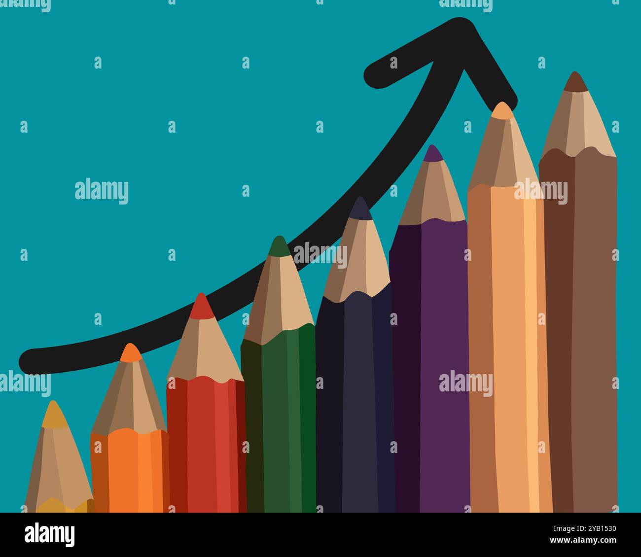 Colorful pencils are stacked to showcase growth, with an upward arrow ...