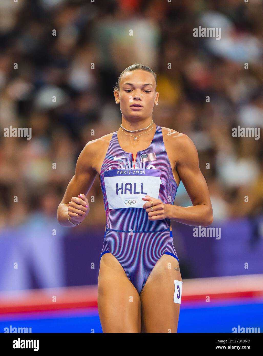 Anna Hall participating in the 200 meters at the Paris 2024 Olympic ...