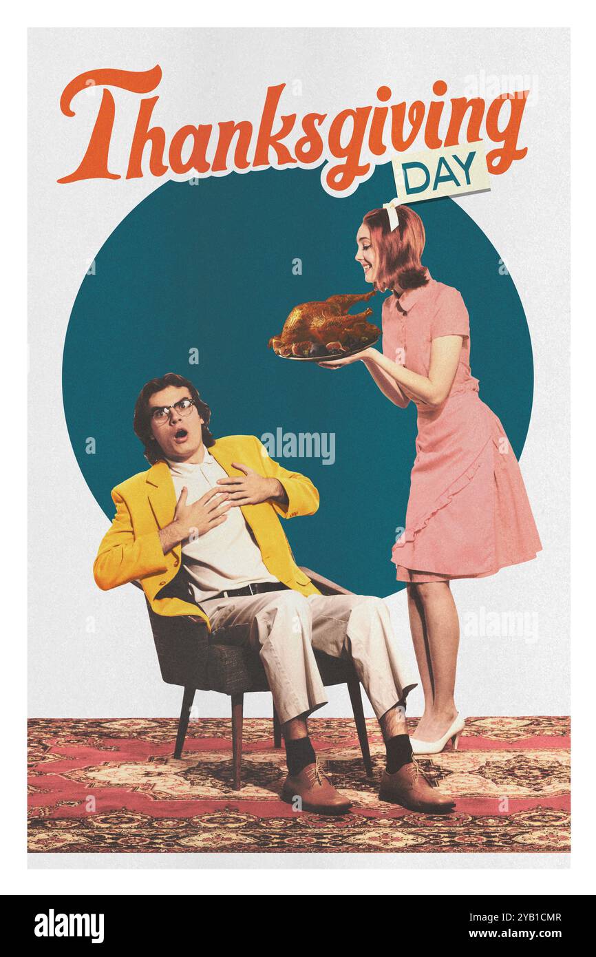 Contemporary art collage. Man reacts with surprise as woman presents ...