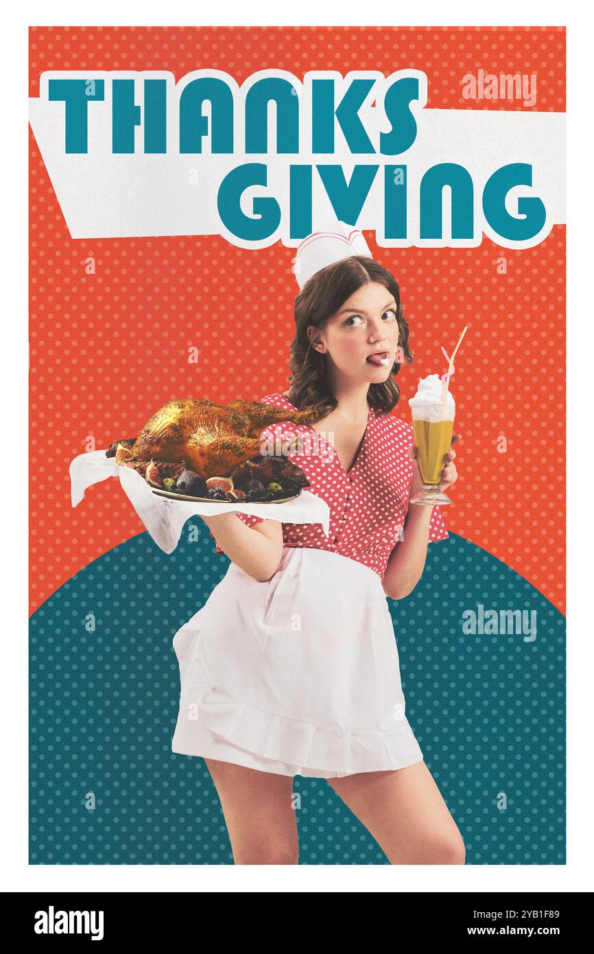Contemporary art collage. Waitress holding turkey and milkshake in ...
