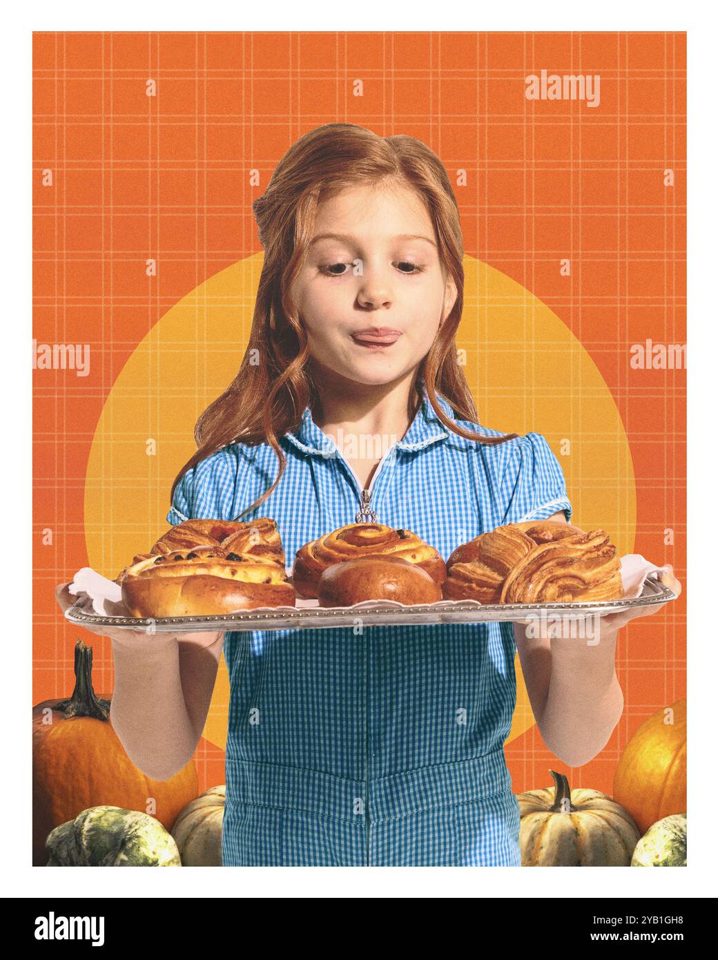 Contemporary art collage. Little girl proudly holds tray of fresh ...