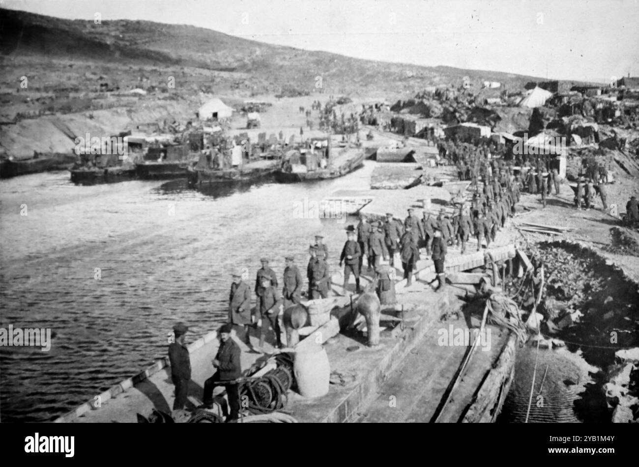 The scene on the West Beach, Suvla, with many soldiers, a short time ...