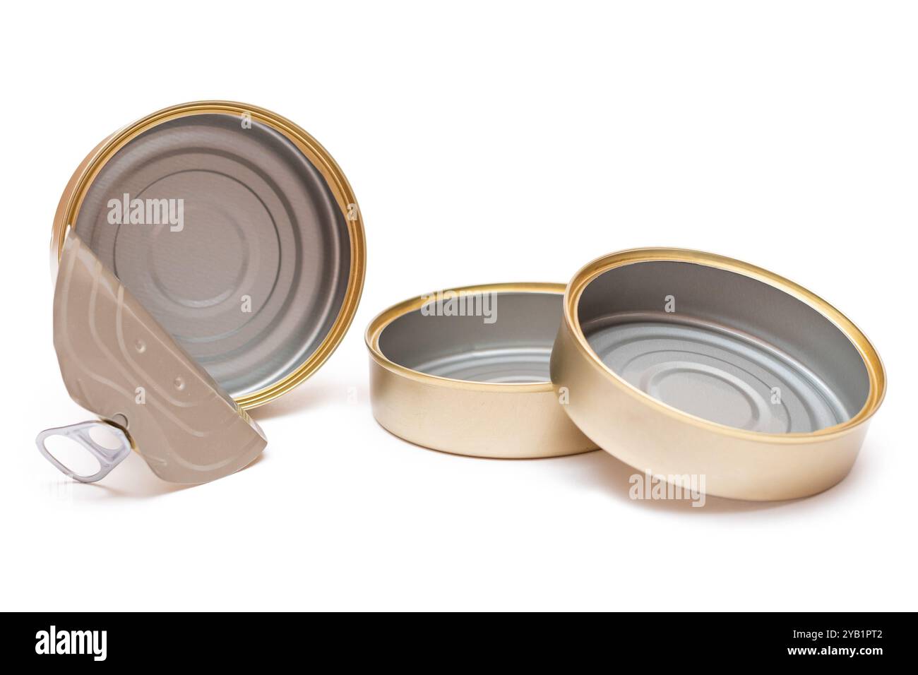 Three Opened Empty Tin Cans Isolated on White Background. Clean Used ...