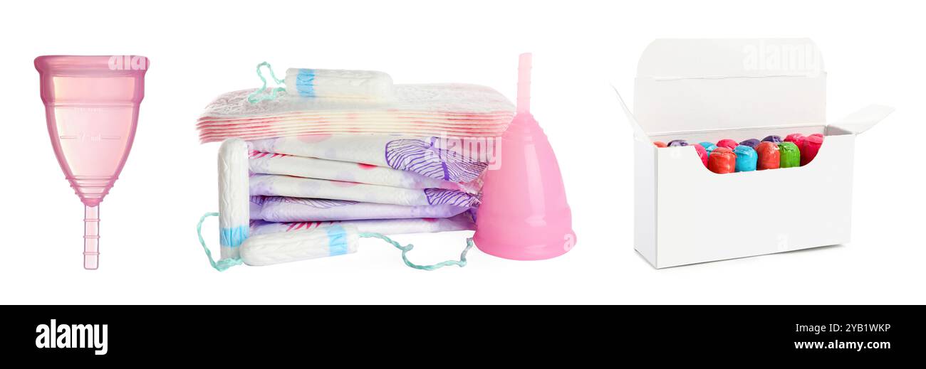 Menstrual cups, tampons and pads isolated on white. Feminine personal ...