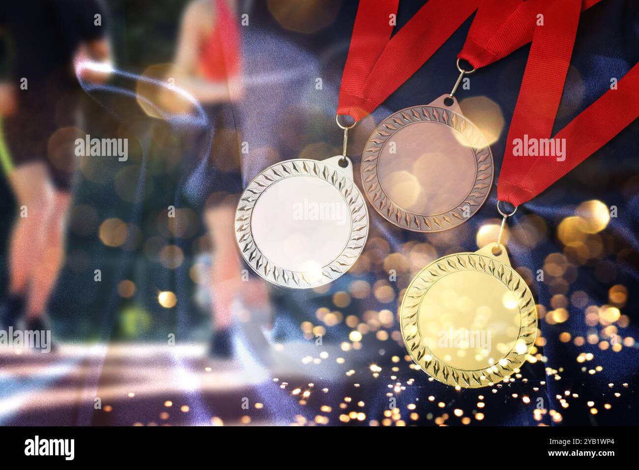 Gold, silver and bronze medals. People running on background Stock ...