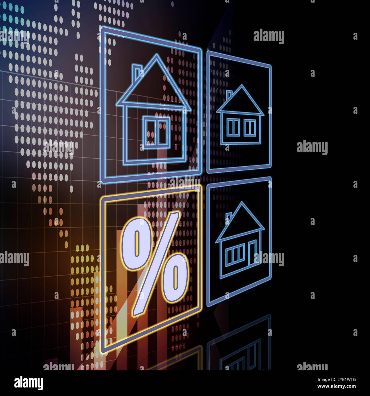 Real estate. Houses, percent sign and world map on black background ...