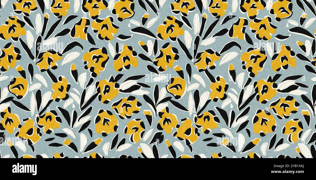Modern printed fabric flower block print pattern with linen texture ...