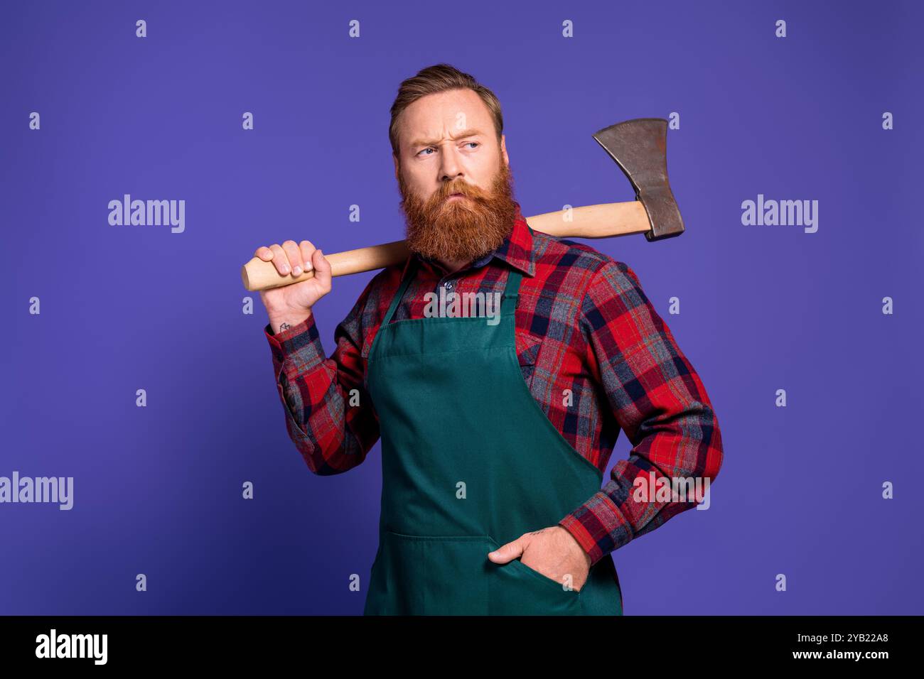 Photo of angry killer wear red checkered shirt hold steel sharp ax ...