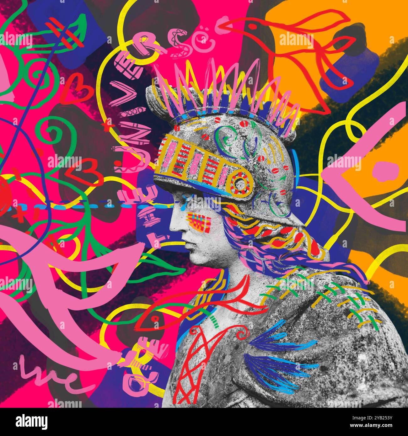 Colorful abstract painting with graffiti-style scribbles in the ...