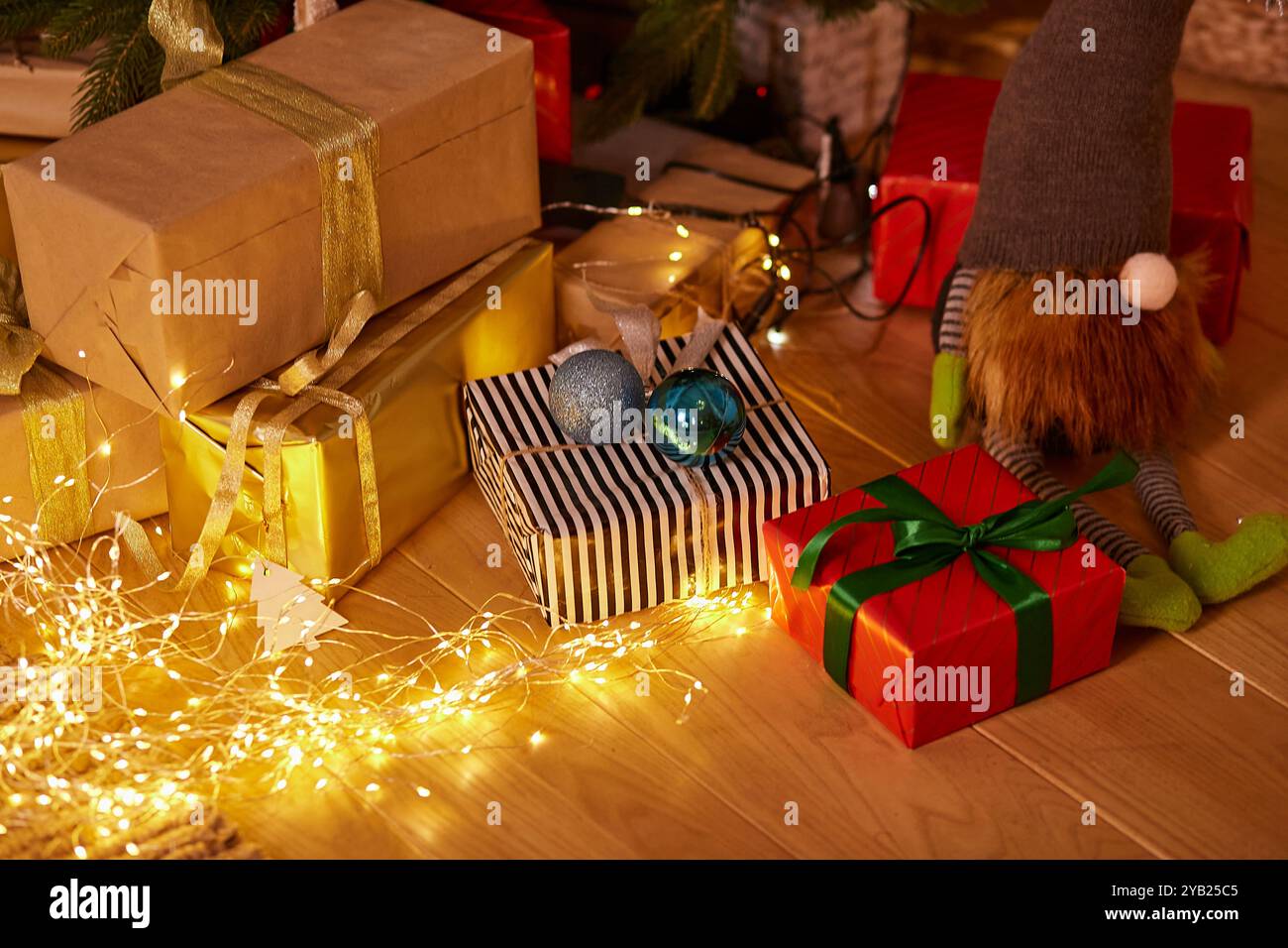 Holiday packages surprises with decorations background Stock Photo - Alamy