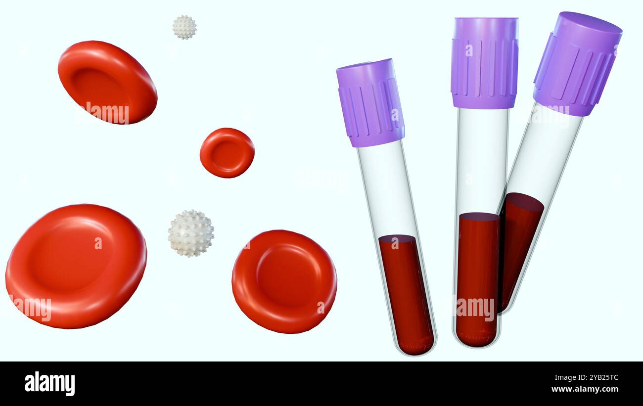 A 3D rendering of biological blood cells floating around red-capped ...