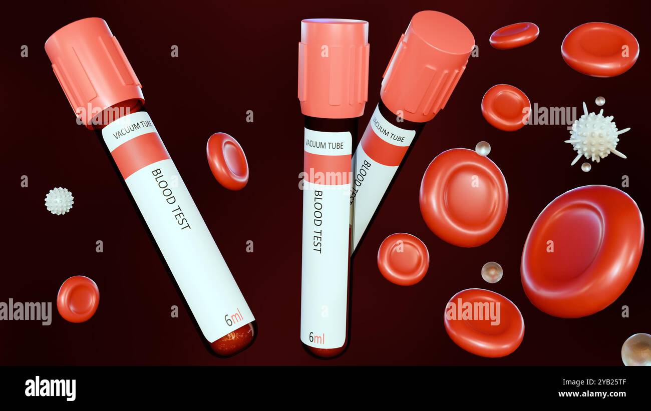 A 3D rendering of biological blood cells floating around red-capped ...