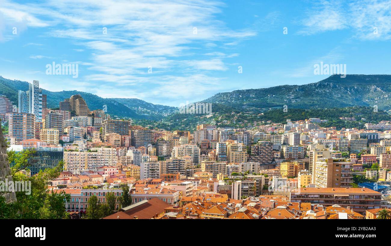 Monaco principality aerial view cityscape. Skyscrapers and mountains ...