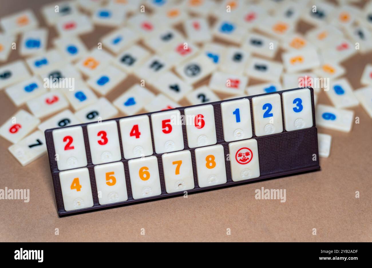 Classic board game of Rummikub, tiles with numbers in sequence, focus on joker tile Stock Photo ...