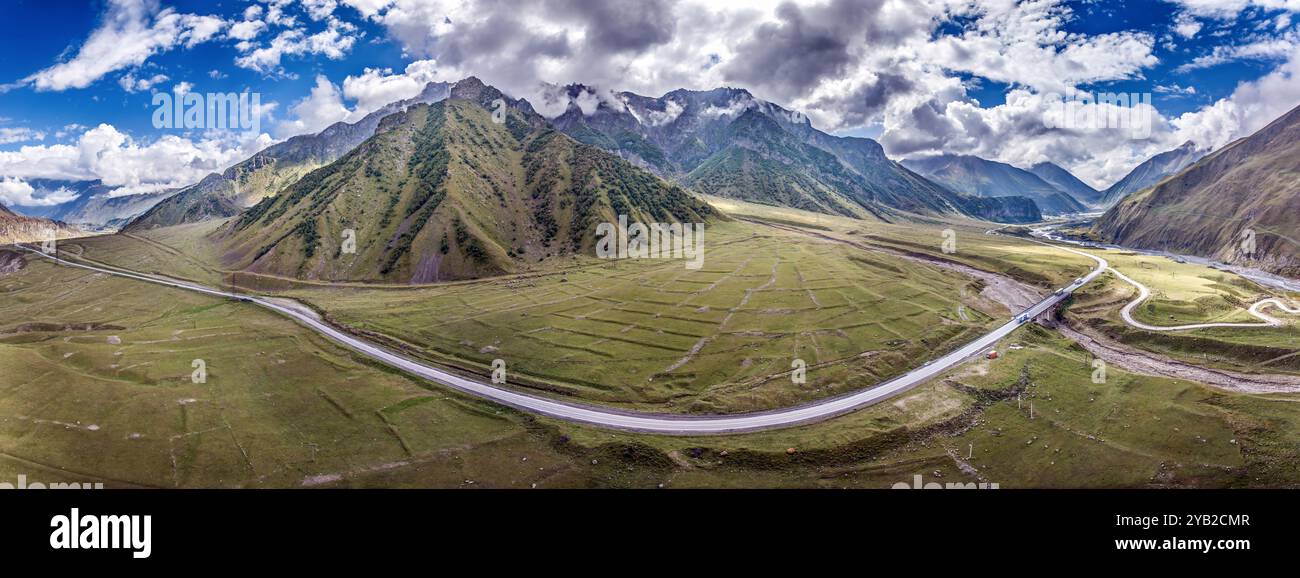 Drone view of the Cross Pass in Georgia, showcasing winding roads and ...