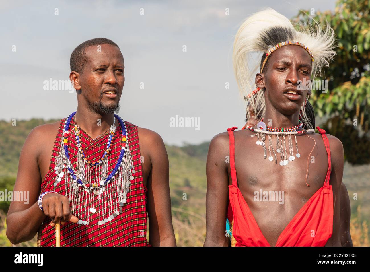 Masai men in traditional tribal costumes, Masai Mara, Africa Stock ...