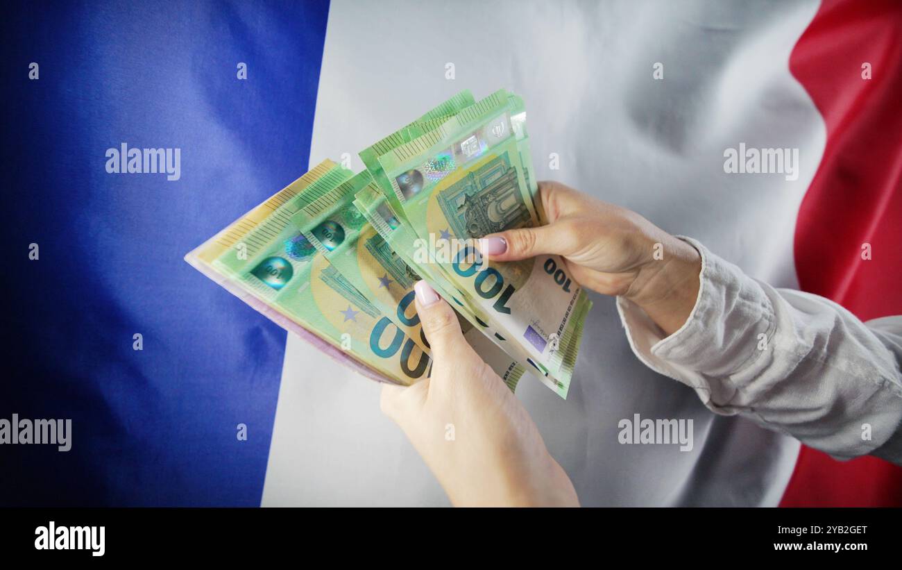 French Flag Background. Woman Counting Money Euros. Credits, Raising ...