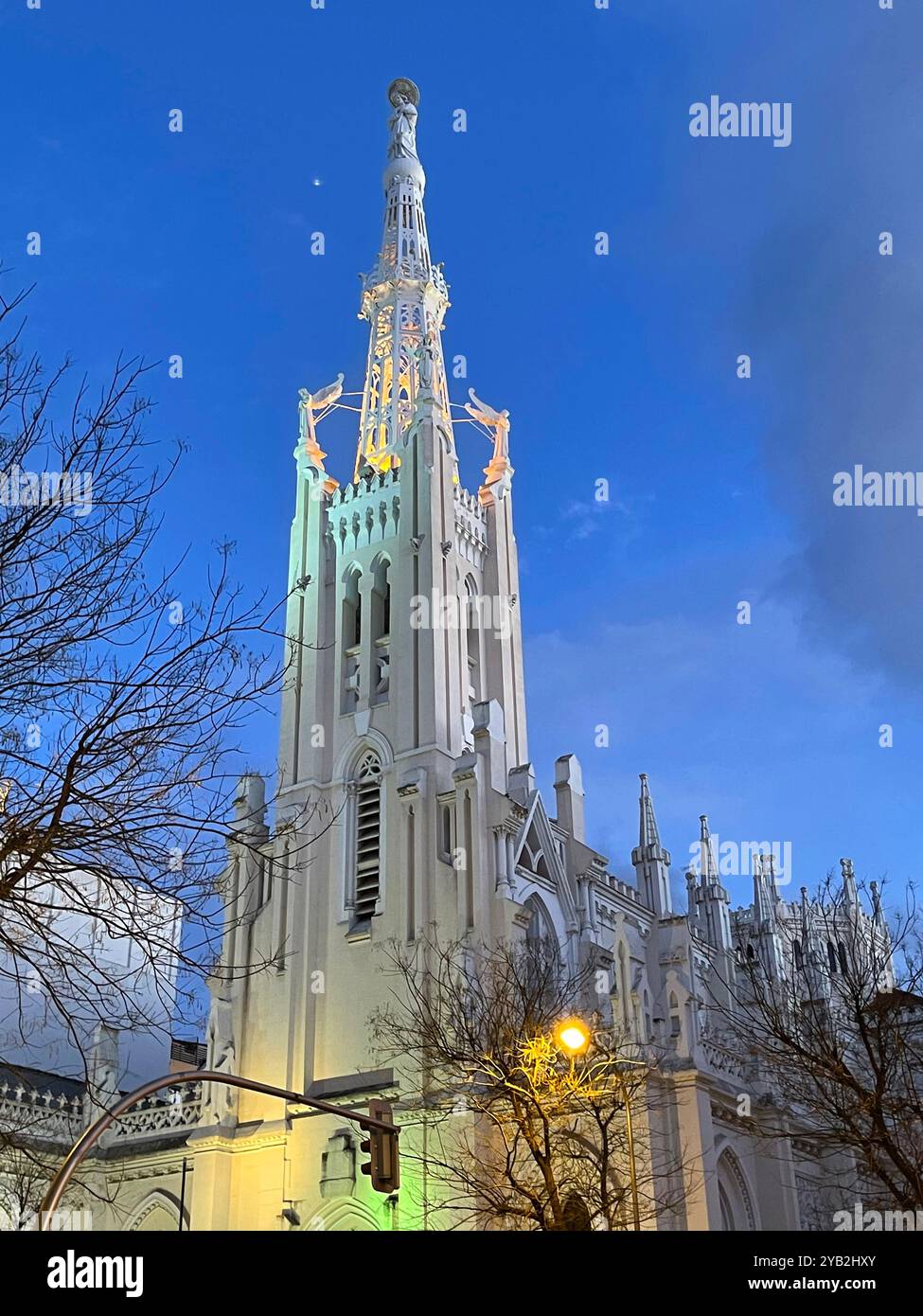 Tower of La Concepcion church, night view. Goya street, Madrid, Spain ...
