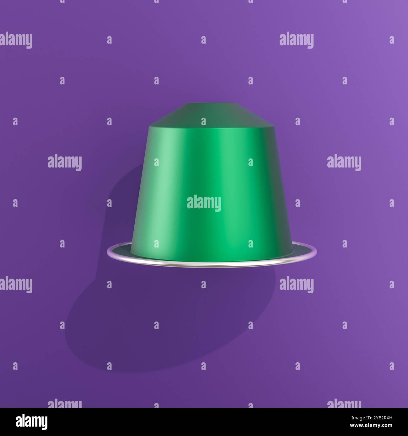 Green coffee capsule hovering over a purple background, casting a ...