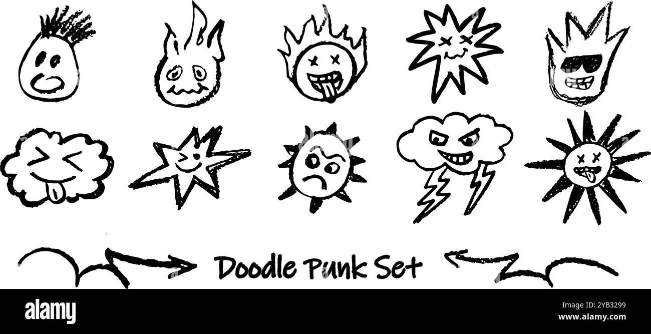 Set of doodle punk heads. Collection of vector black charcoal outline ...